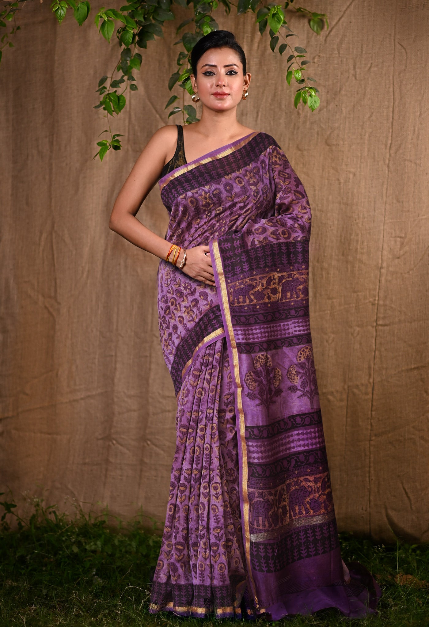 Buy Violet Pure Vanaspati Block Printed Chanderi Sico Saree-UNM80637 ...