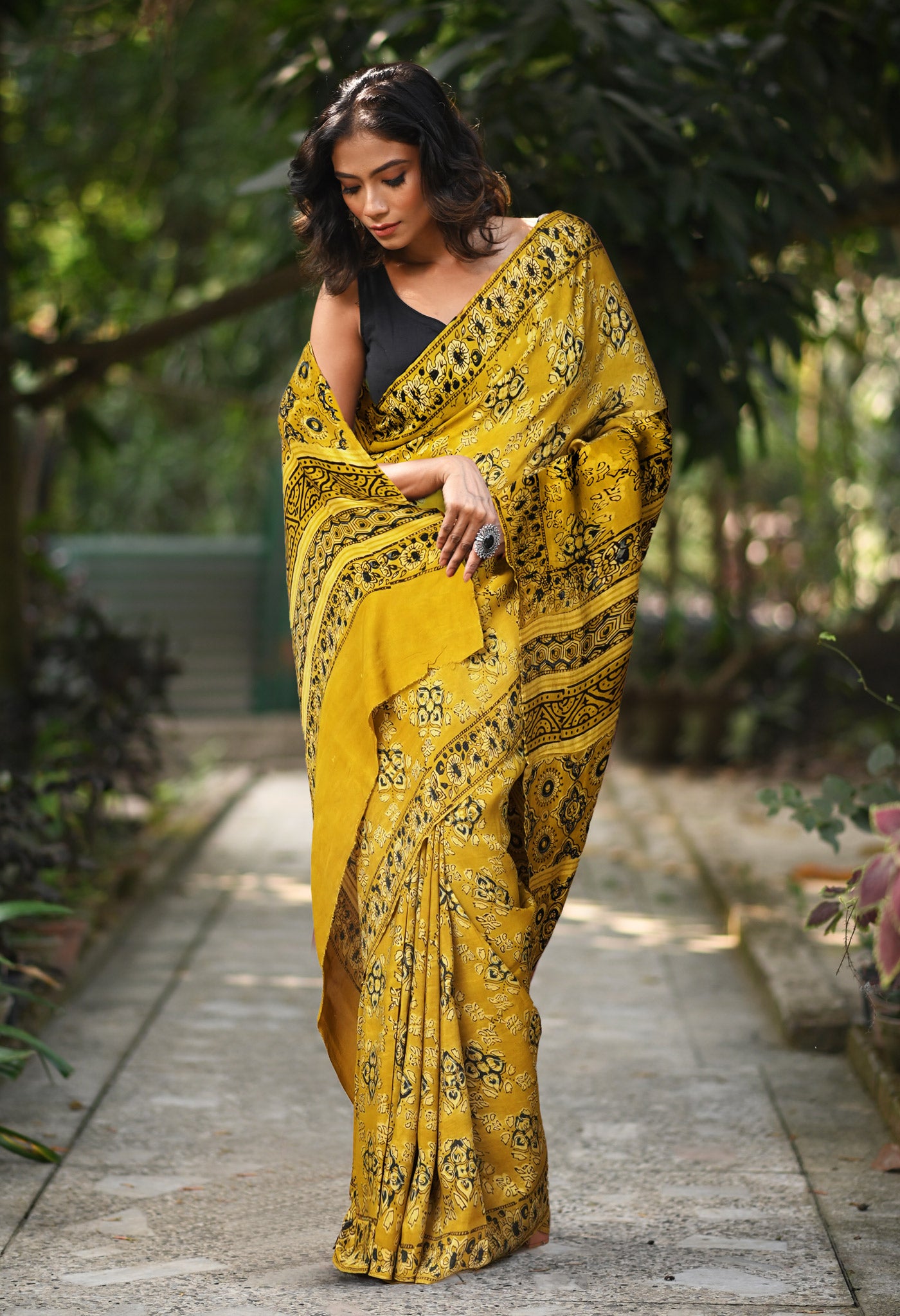 Buy Yellow Pure Ajrakh Printed Soft Silk Saree-UNM81755 Online at ...